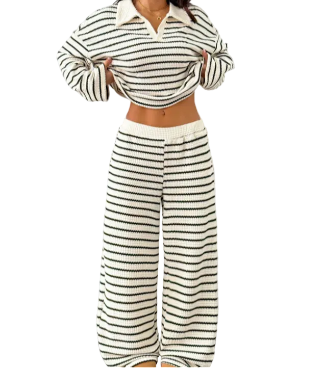 Women's Striped Two-Piece Knit Set with Collar Top and Wide-Leg Pants ...